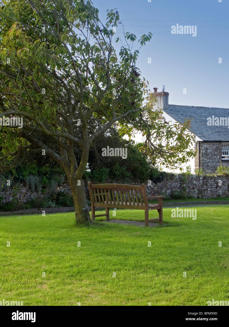 Bench, Village Green, Week St Mary, Cornwall Stock Photo - Alamy