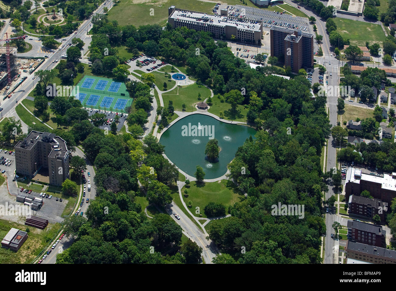 aerial view above Rockefeller Park Cleveland Ohio Forest City Tennis ...