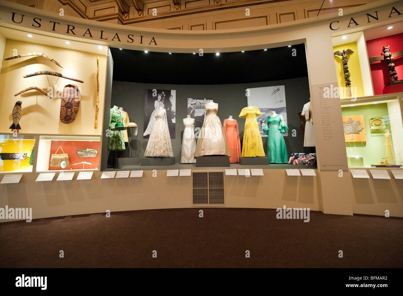Dresses worn by Queen Elizabeth II on display at the "Queen and ...