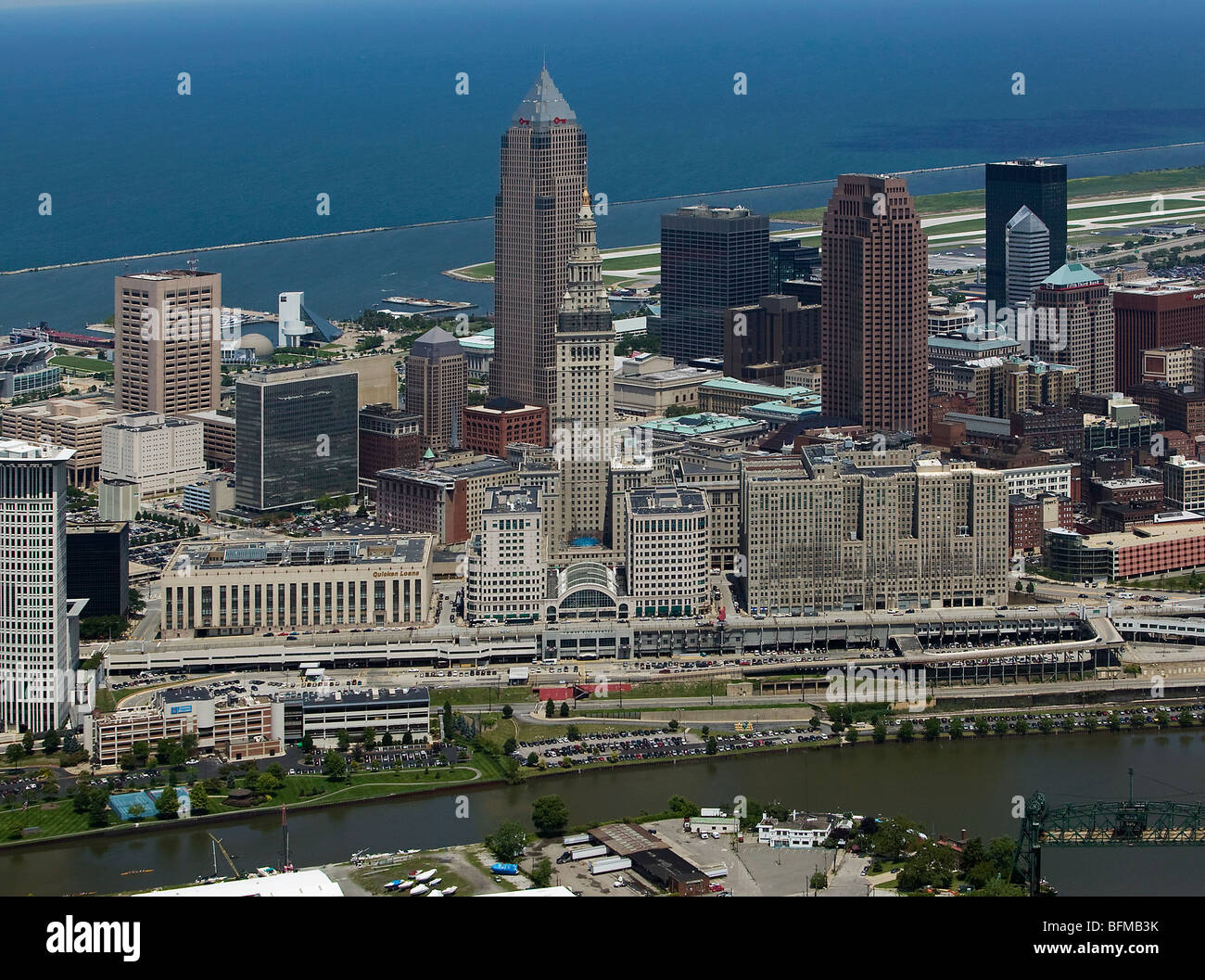 aerial view above downtown Cleveland Ohio Cuyahoga river Lake Erie ...