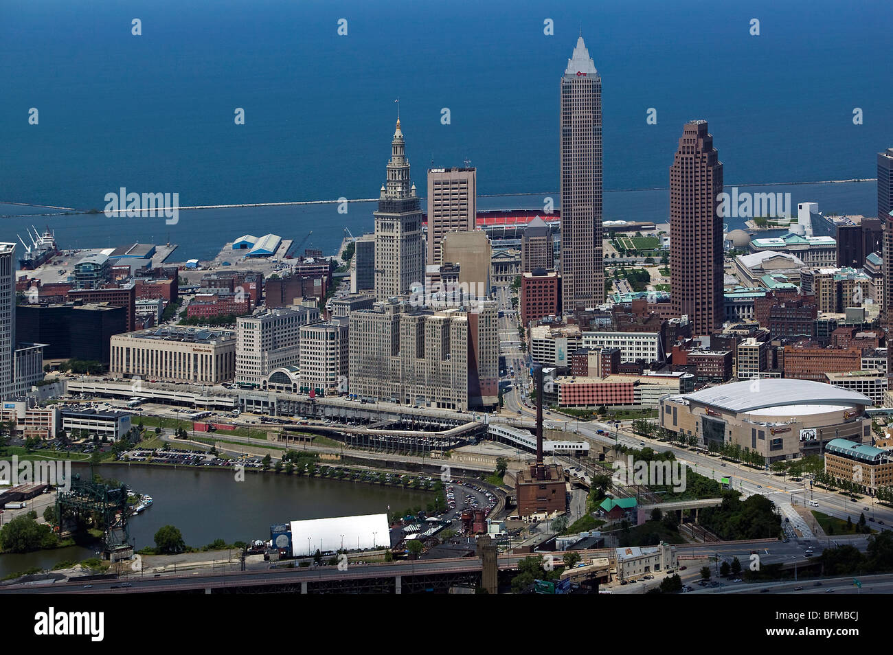 aerial view above downtown Cleveland Ohio Cuyahoga river Lake Erie ...