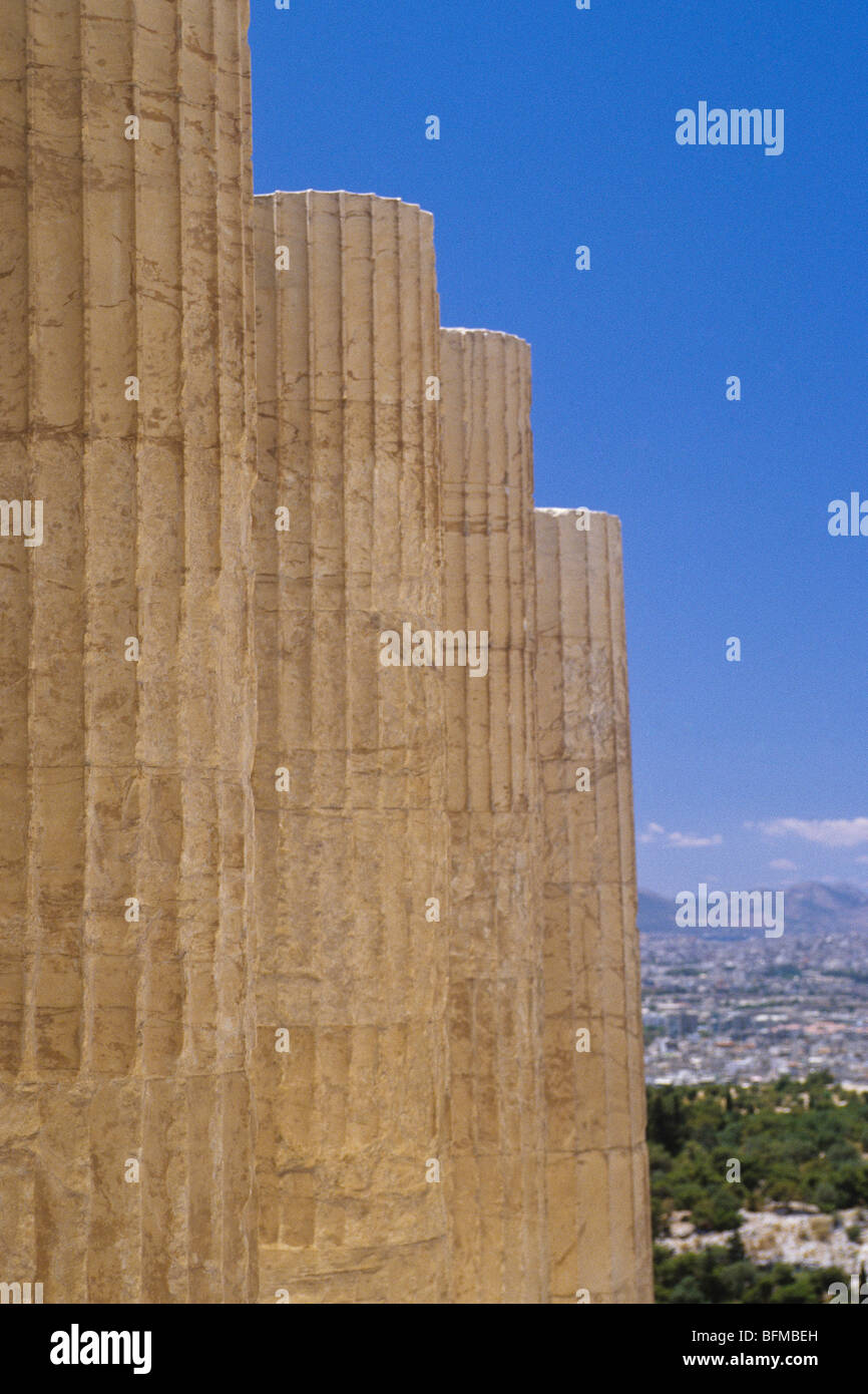 Fluted columns from Greek ruins stand on the Acropolis overlooking the ...
