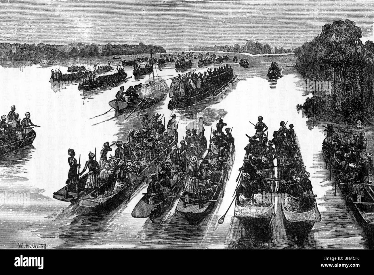 British explorer H.M. Stanley engages in a fight with warriors who ...