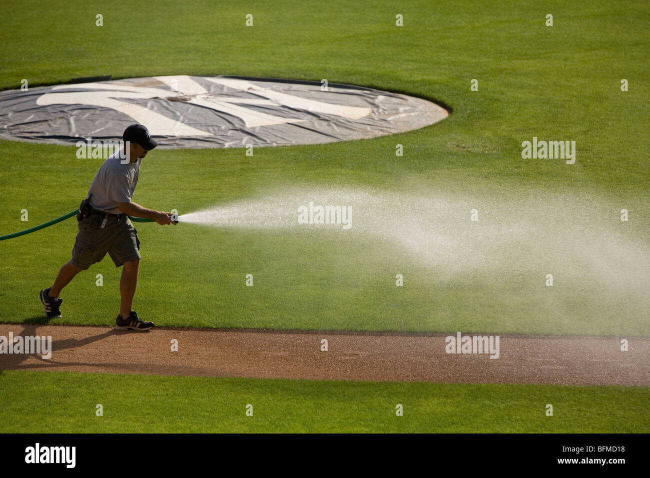 grounds crew hosing down the infield at the New York Yankees spring ...