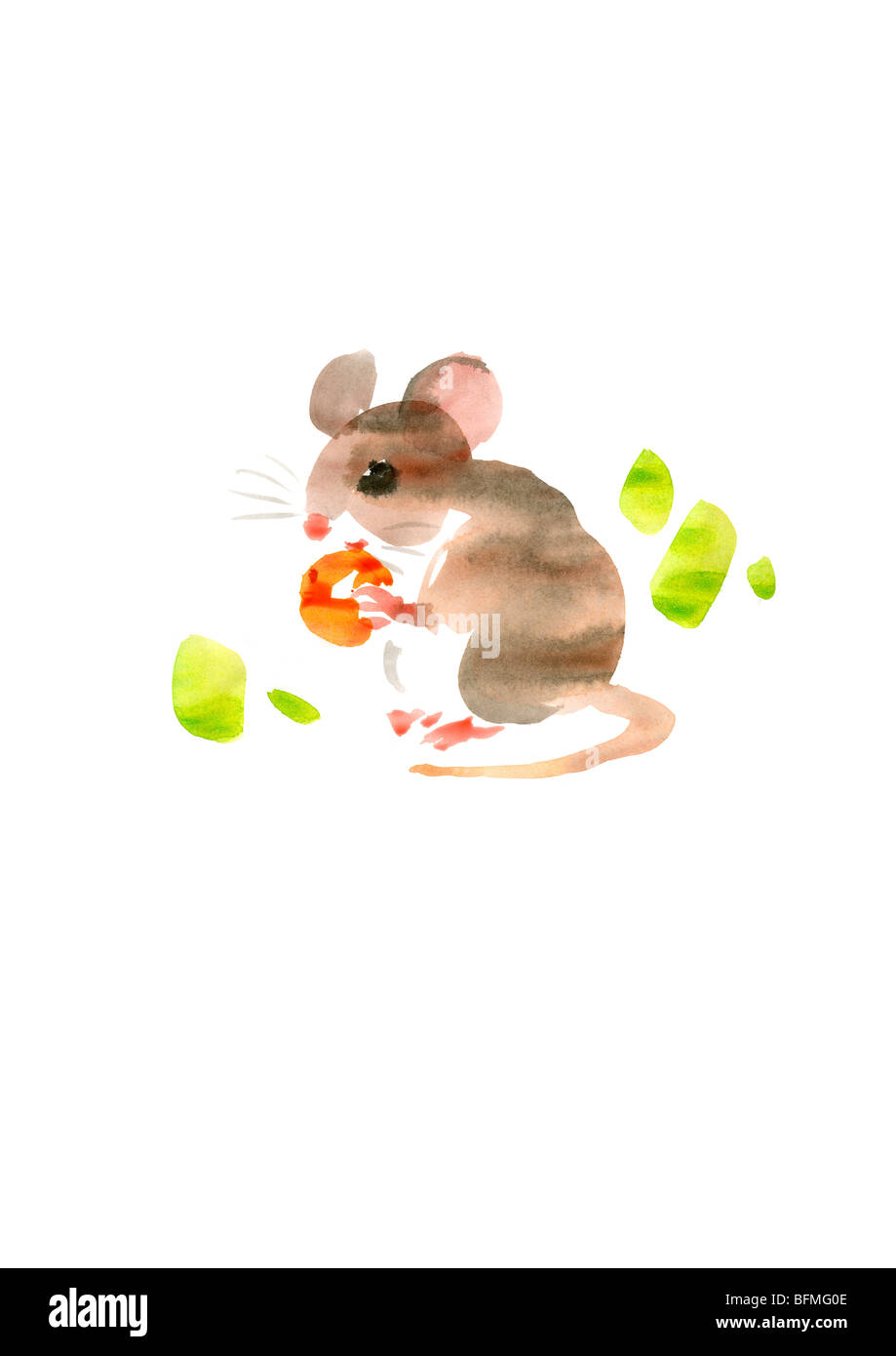 Illustration of mouse eating cherry, white background, copy space Stock ...
