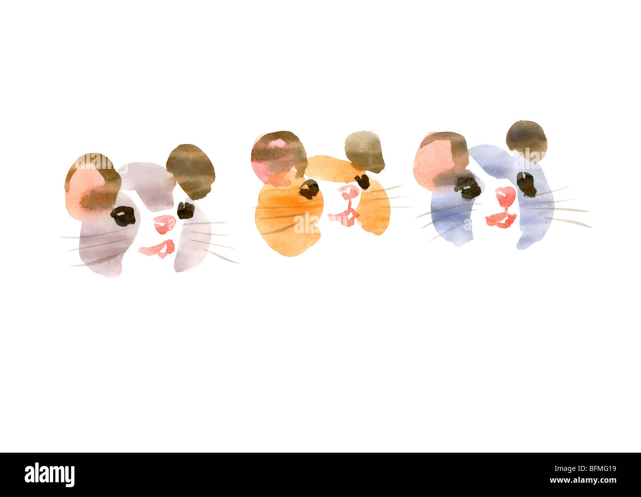 Illustration of three mice smiling, white background Stock Photo - Alamy