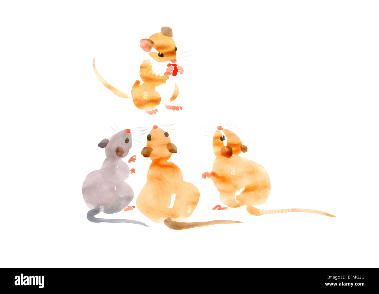 Illustration of three mice looking at mouse eating cherry, white ...