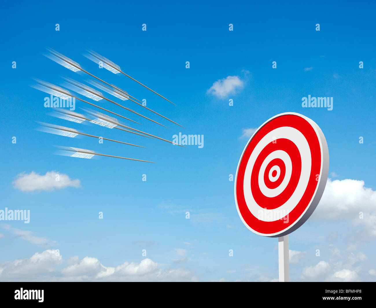 Arrows approaching the bull's eye with sky in background Stock Photo ...