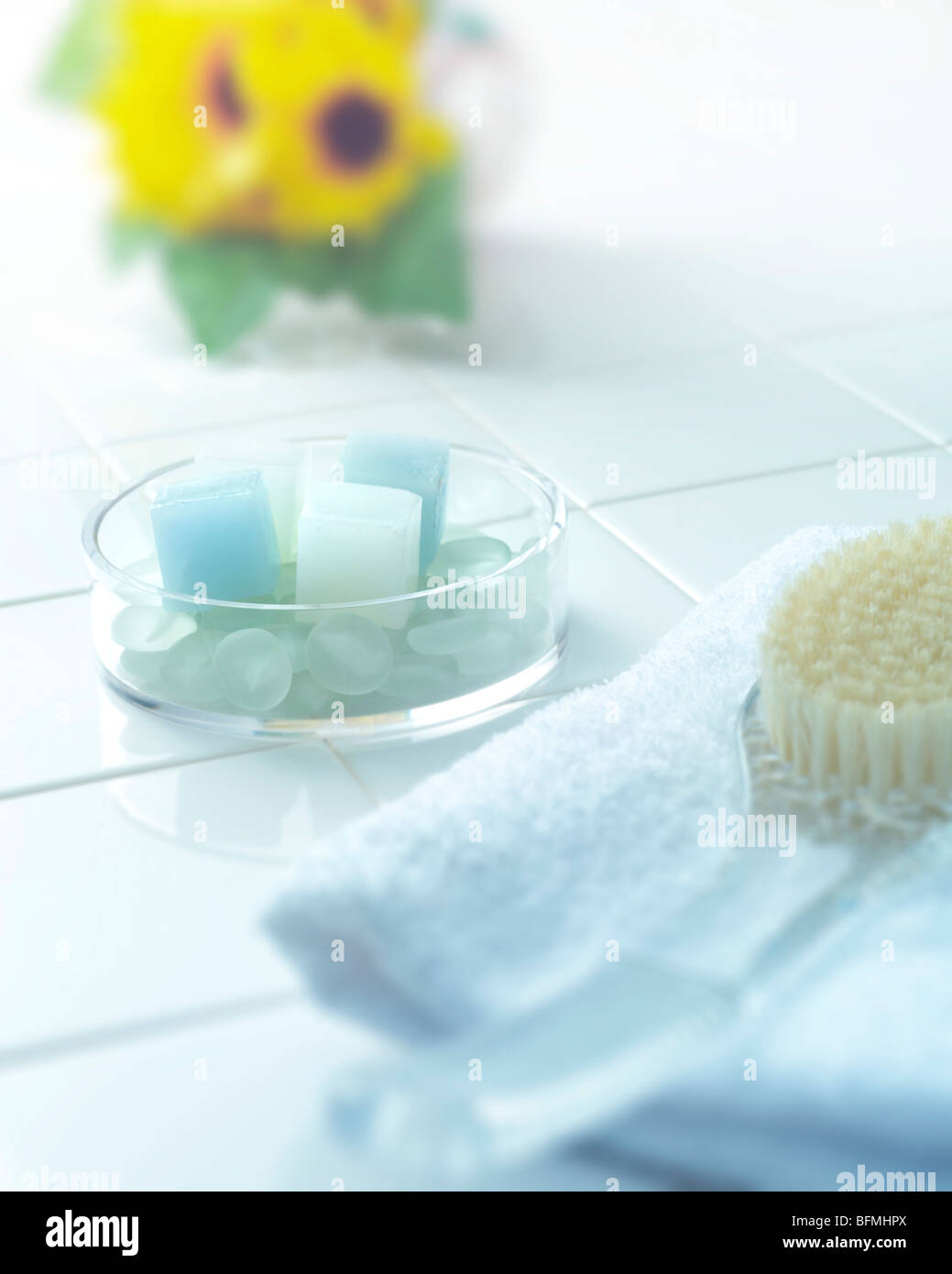 Bar of soap and back brush in a bathroom Stock Photo - Alamy