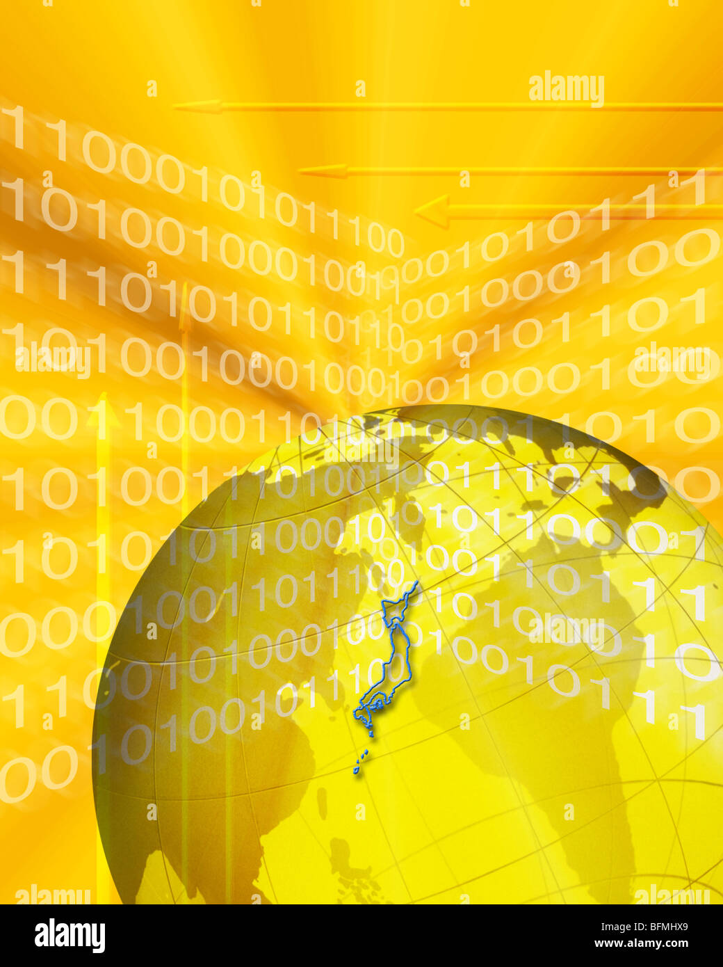 Globe with binary codes and arrows Stock Photo - Alamy