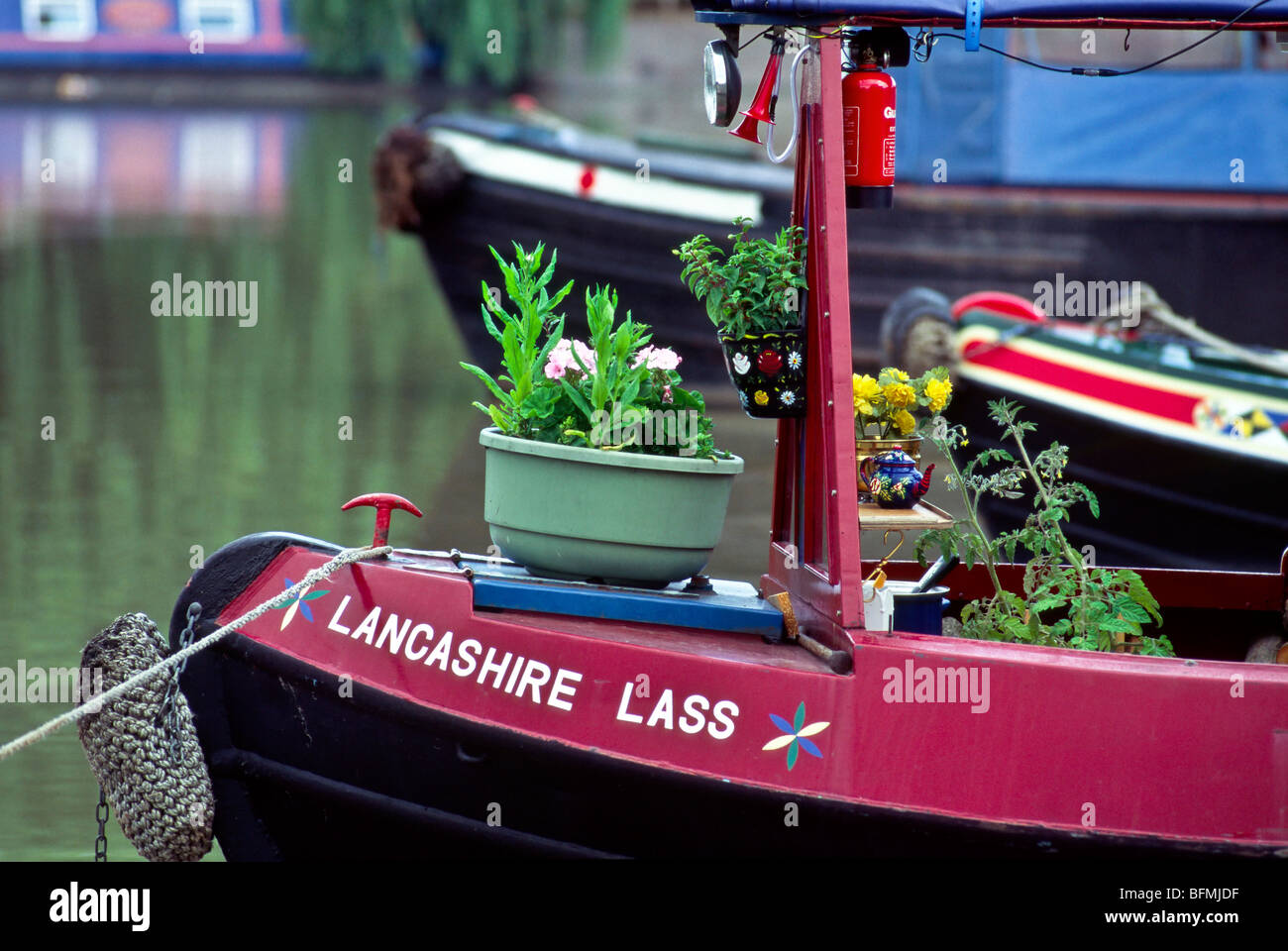 Bow and nameplate of an English canal barge England UK Europe Stock ...