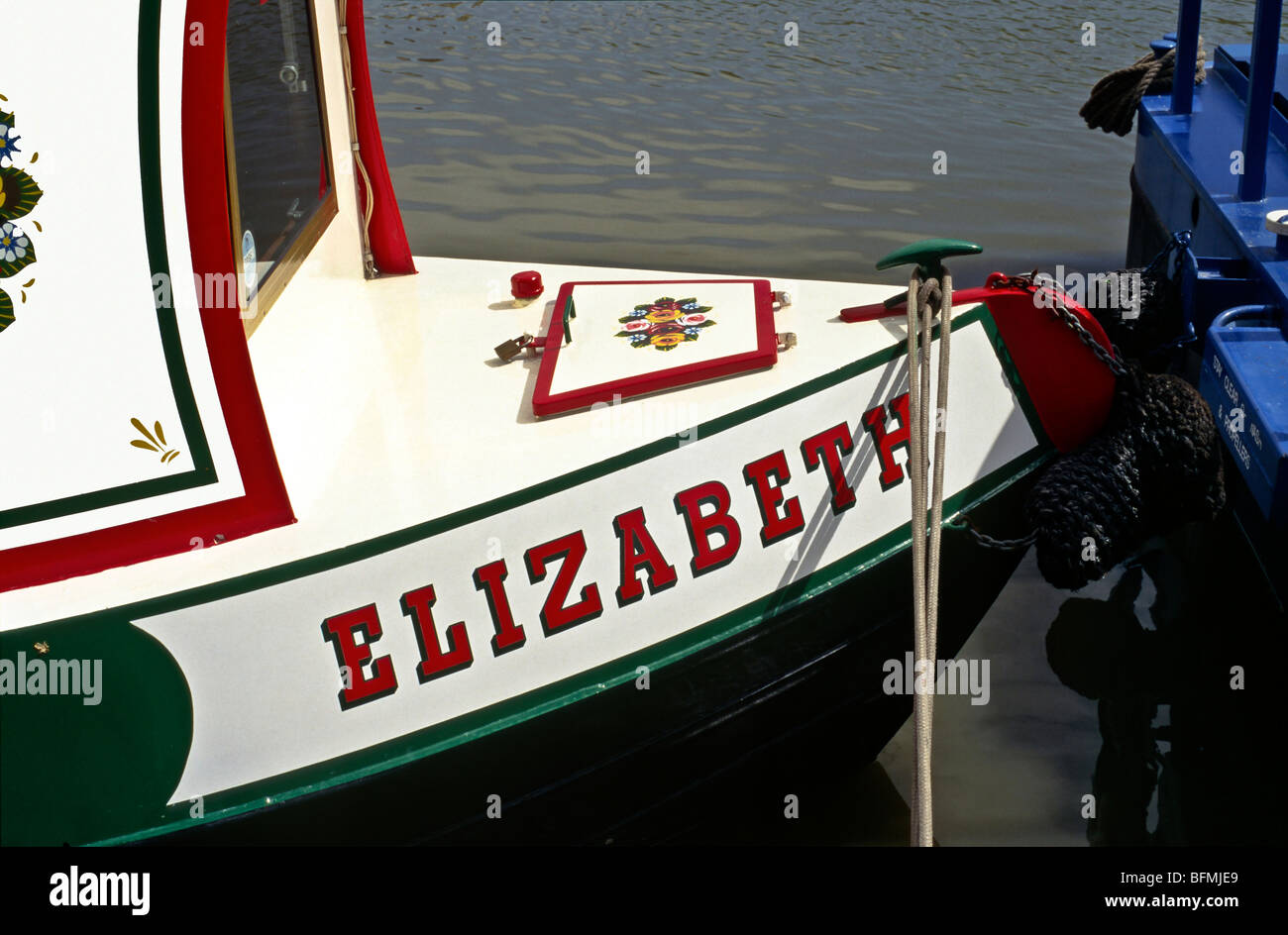 Bow and nameplate of an English canal barge England UK Europe Stock ...