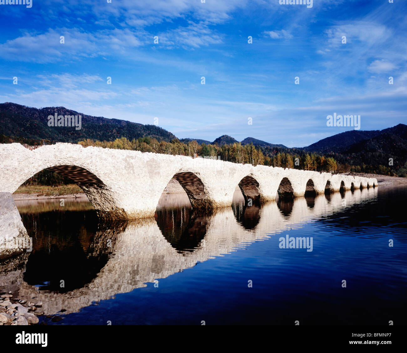 Taushubetsu bridge in Lake Tobira, Hokkaido prefecture, Japan Stock ...
