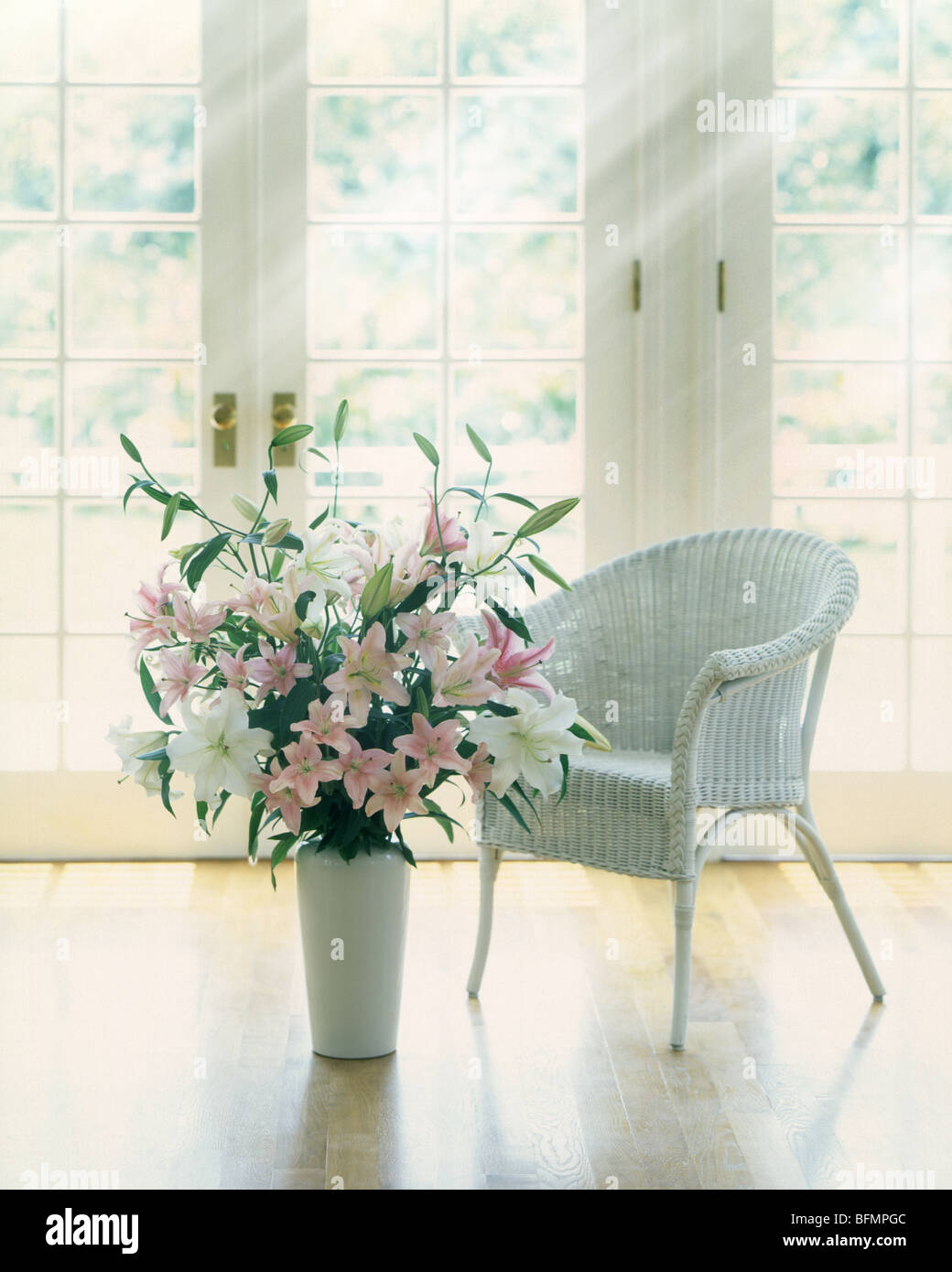Chair and vase of flowers by window, computer graphic Stock Photo - Alamy