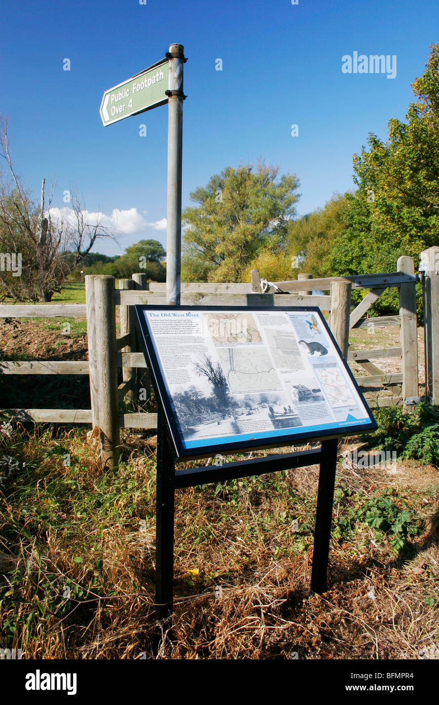 A footpath sign and interpretation board at Earith Bridge on the River ...