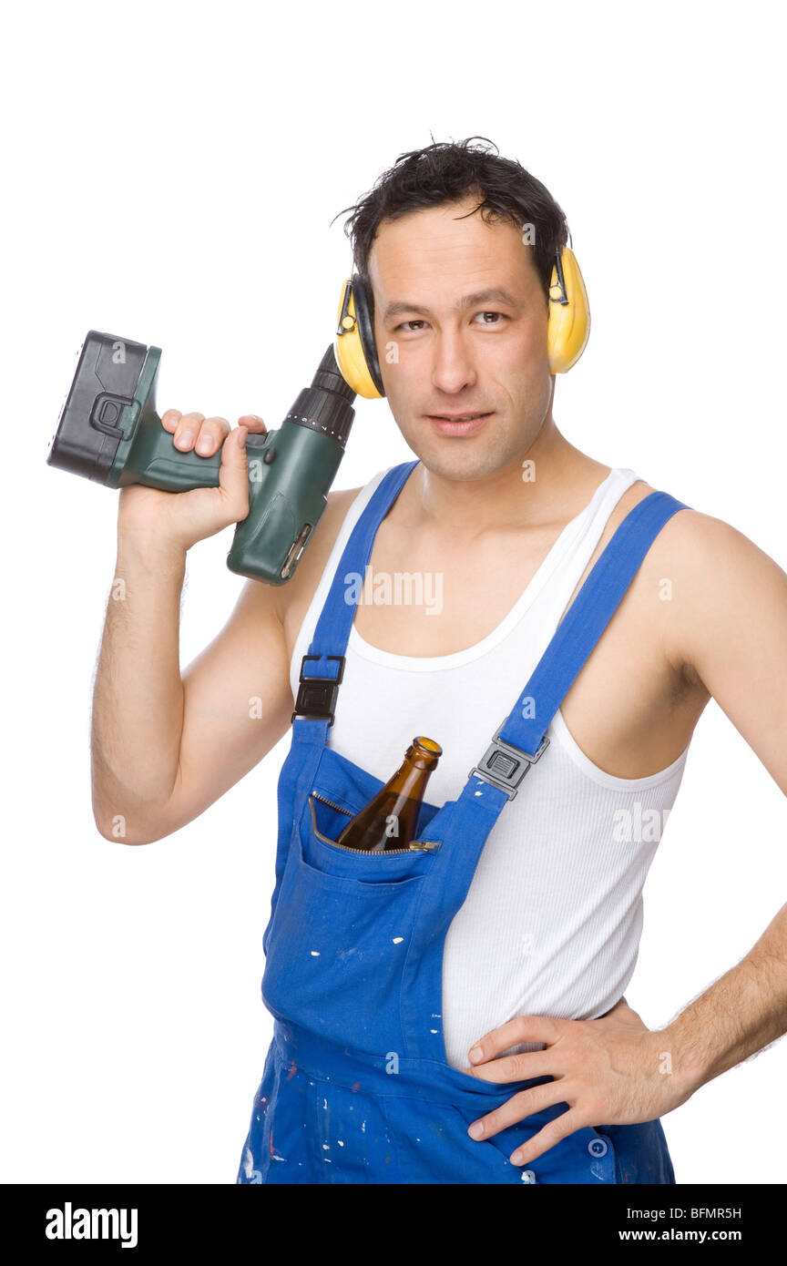 Full isolated studio picture from a craftsman with drill machine Stock ...
