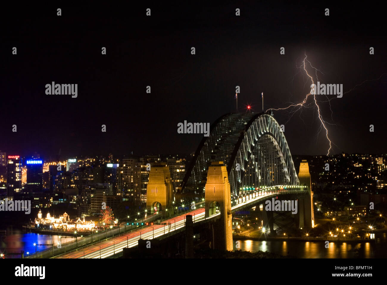 Sydney, Australia. Lightning appears to strike the Harbour Bridge ...