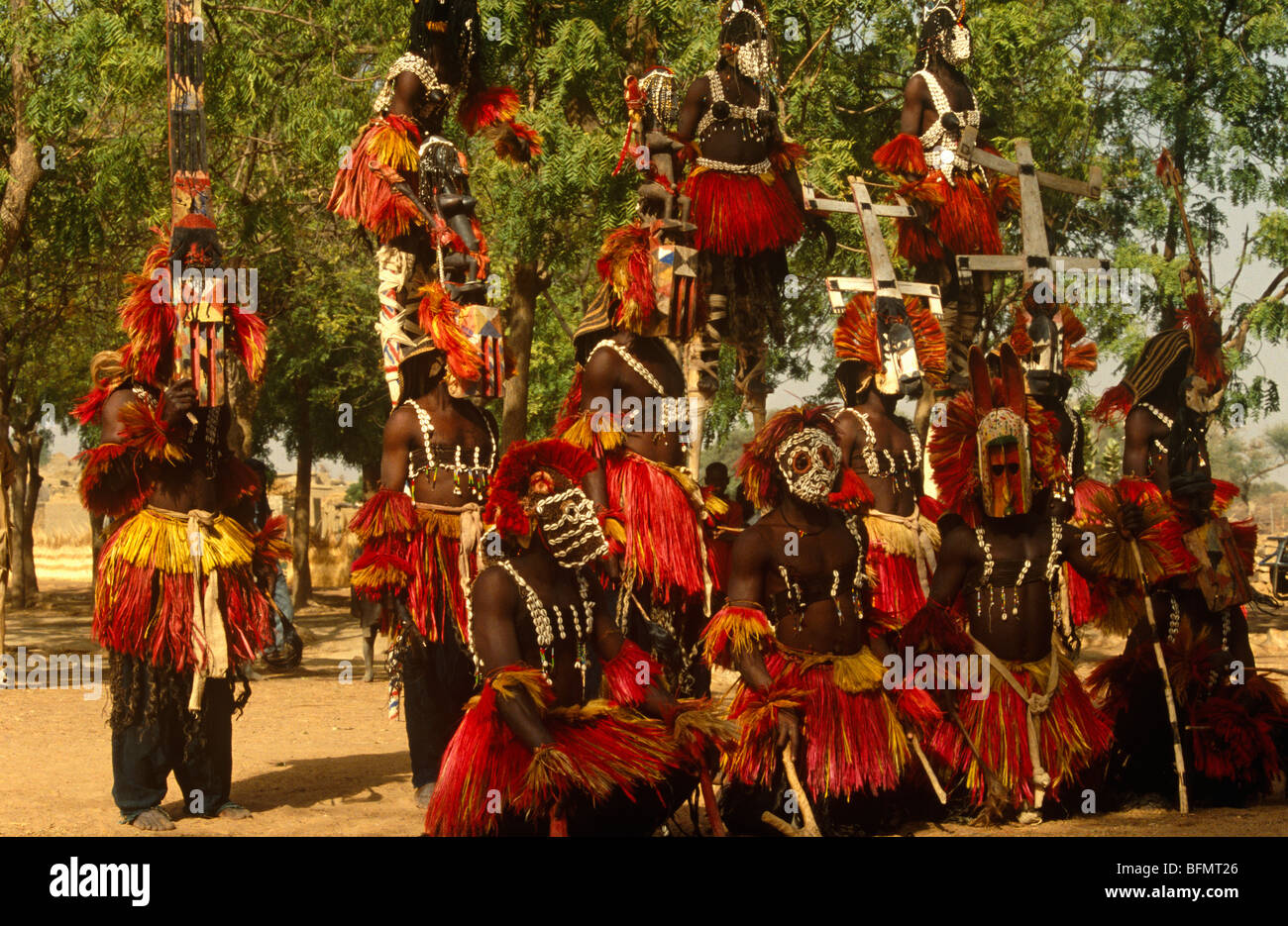 Mali, Bandiagara Escarpment, Sanga. Sanga village dancers re-enact ...