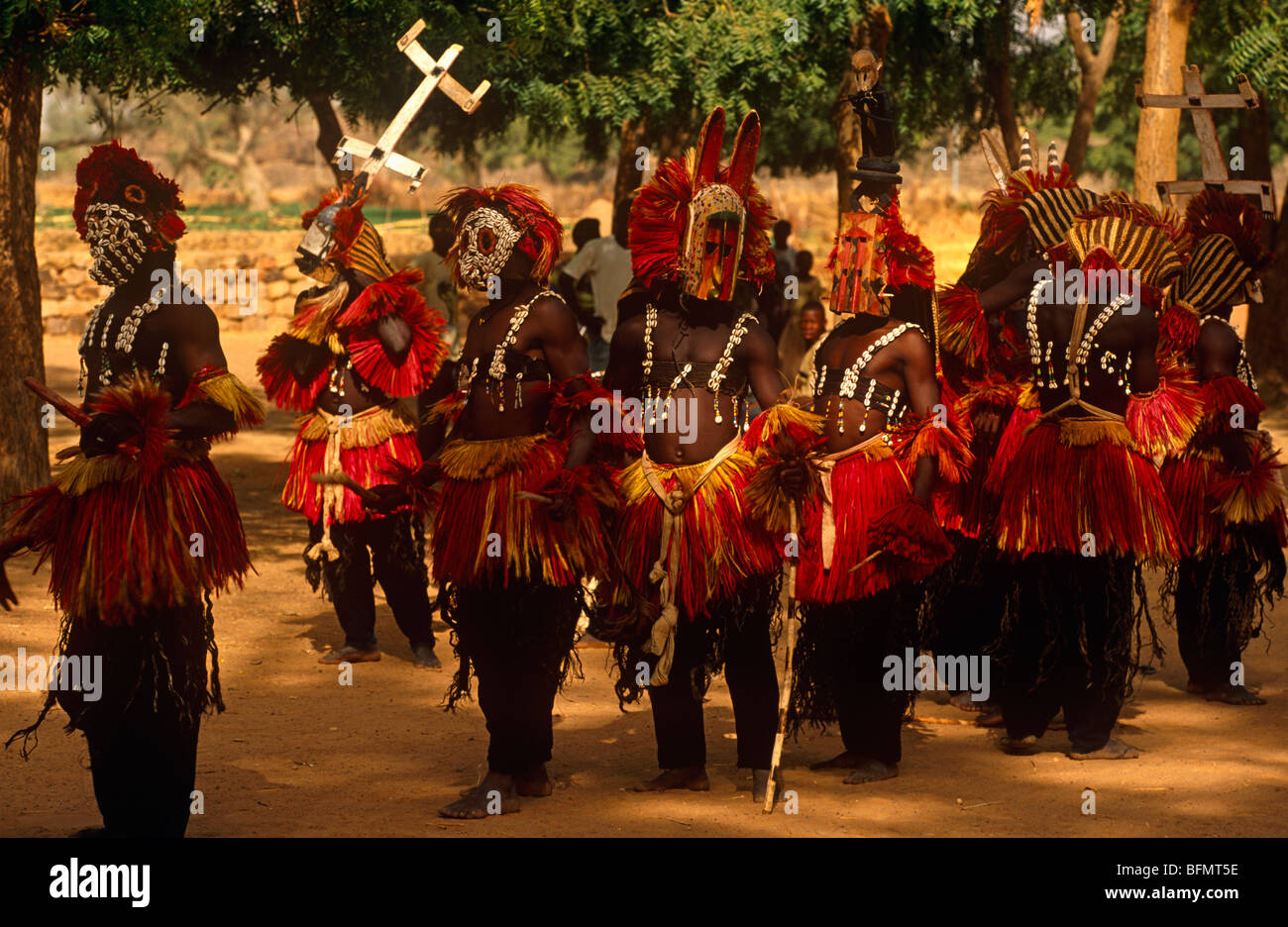 Mali, Bandiagara Escarpment, Sanga. Sanga village dancers re-enact ...