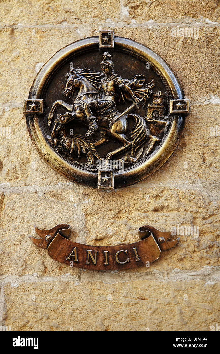 Malta, Gozo, San Lawrenz, bronze emblem of St George and the dragon ...