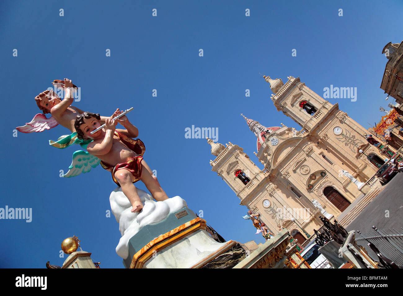 Malta, Gozo, Xaghra, decorative statues mark the carnival held in ...