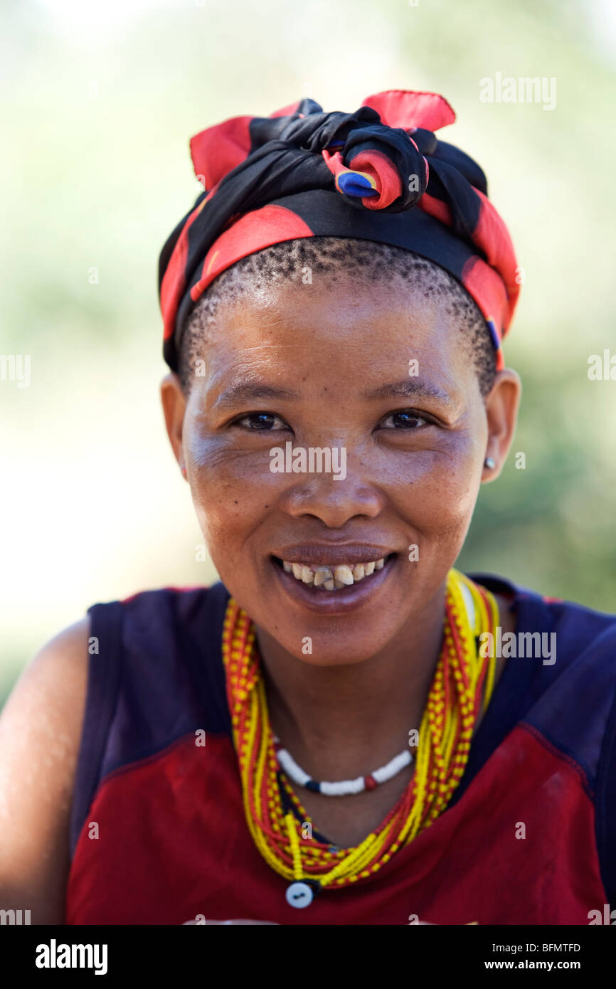 Namibia, Bushmanland. Portrait of a San (Bushman) woman at Nhoqma ...