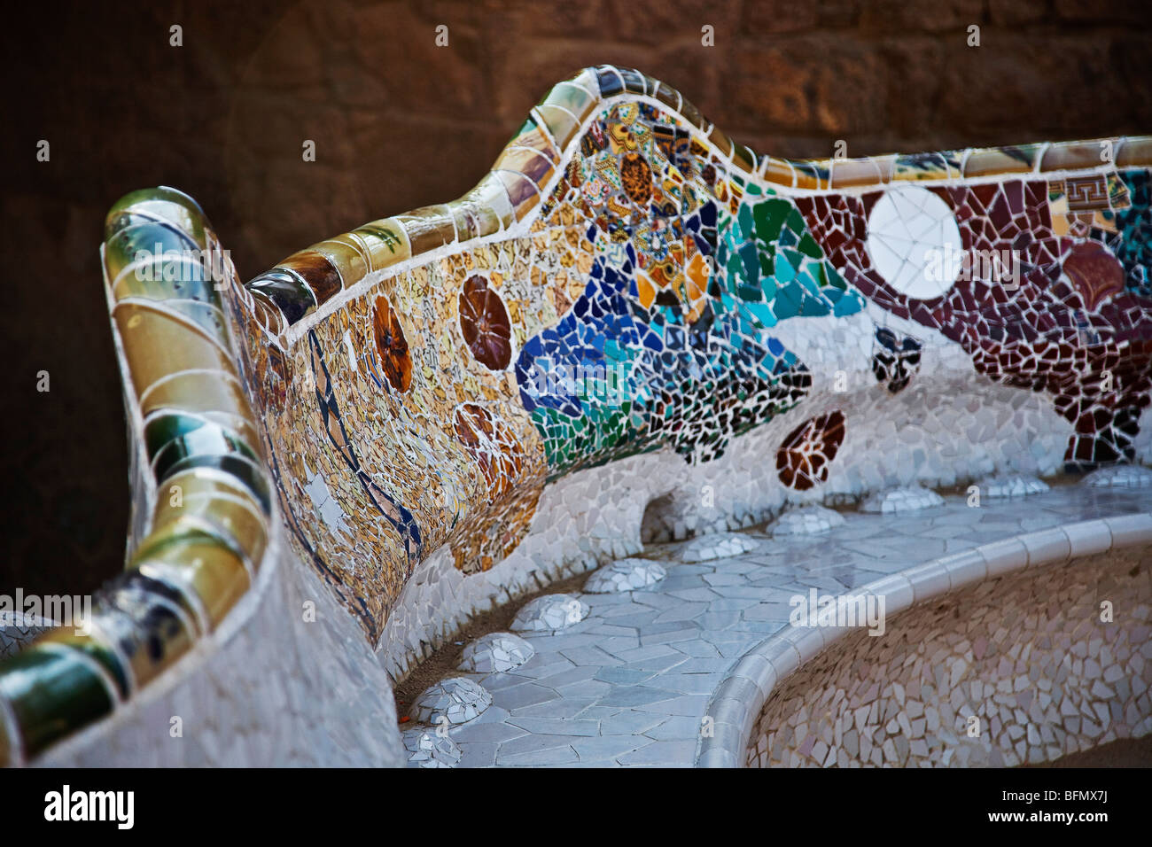 Spain, Cataluna, Barcelona, El Coll, Tiling bench detail in Parc Guell ...
