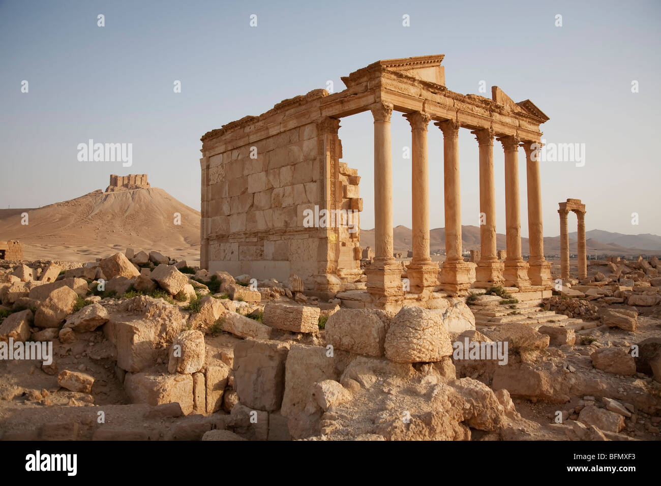Syria, Palmyra. The treasury. Fallen columns litter the ground across ...