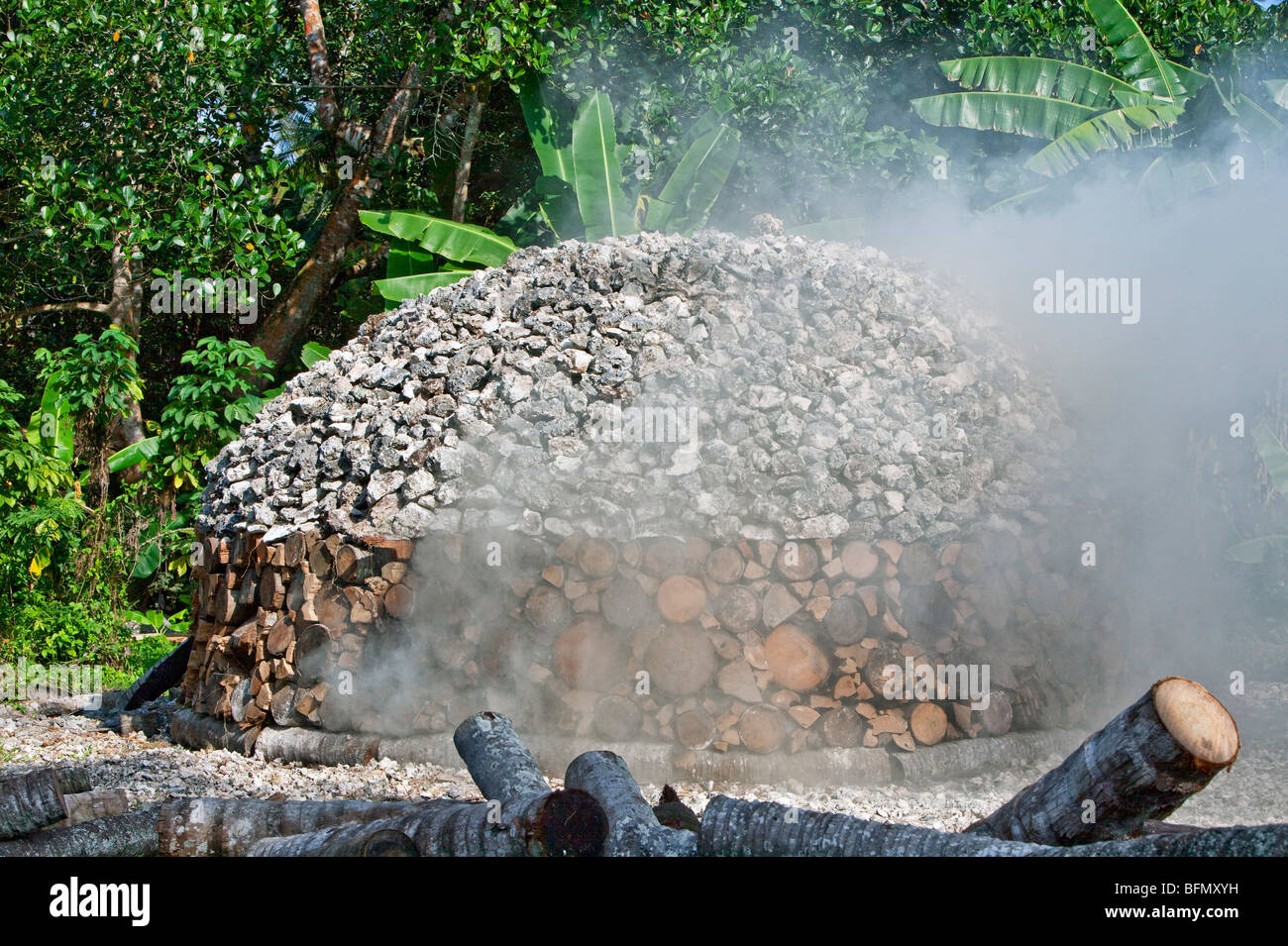 Tanzania, Zanzibar. A large wood fire burns heaped coral rock to ...