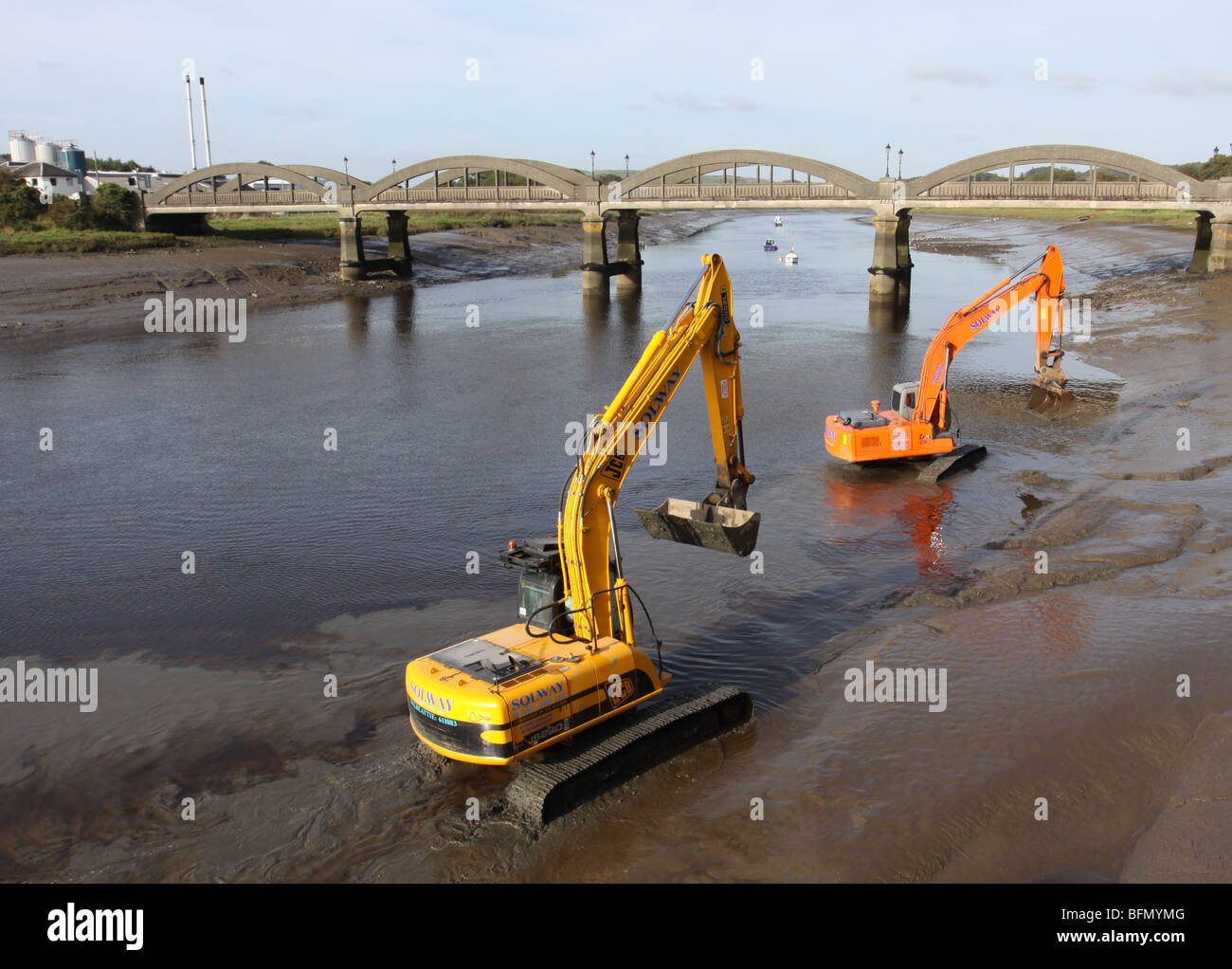 two hydraulic excavators in River Dee Kirkcudbright, Dumfries and ...