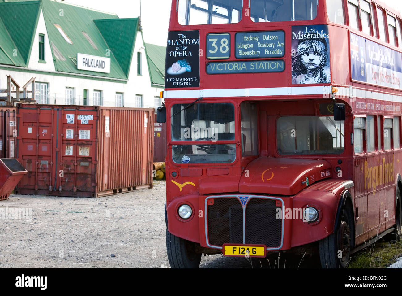 Falkland Islands, Stanley. An old London double-decker bus parked near ...