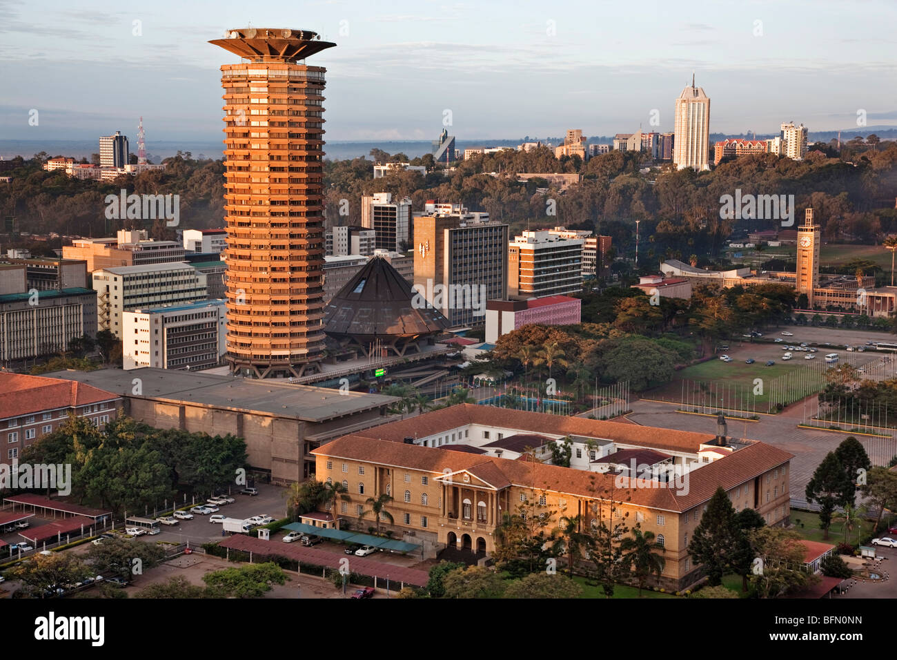 Kenya, Nairobi. Nairobi at sunrise with the circular tower of the ...