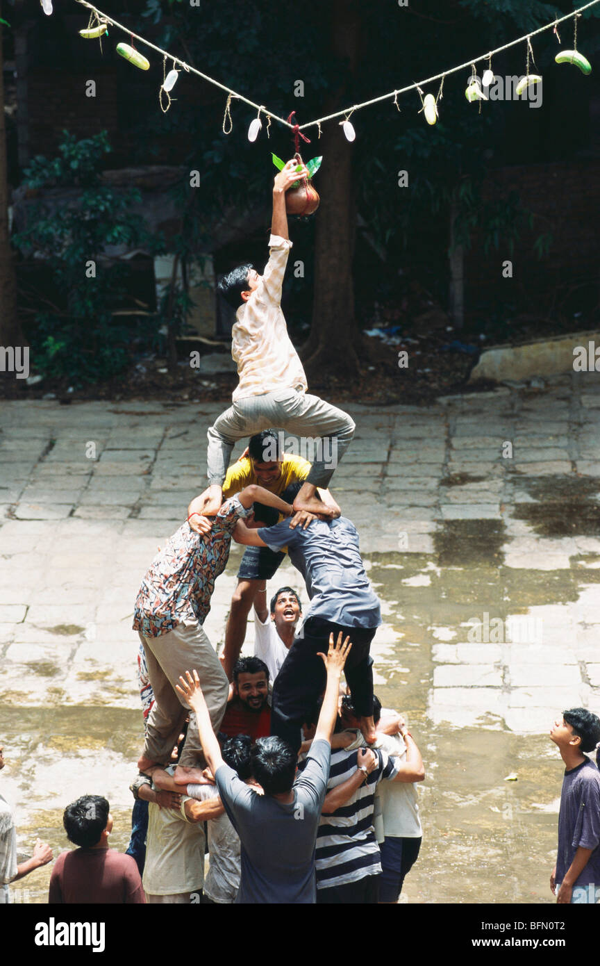 Human pyramid breaking pot ; Janmashtami or Gokulashtami festival ...