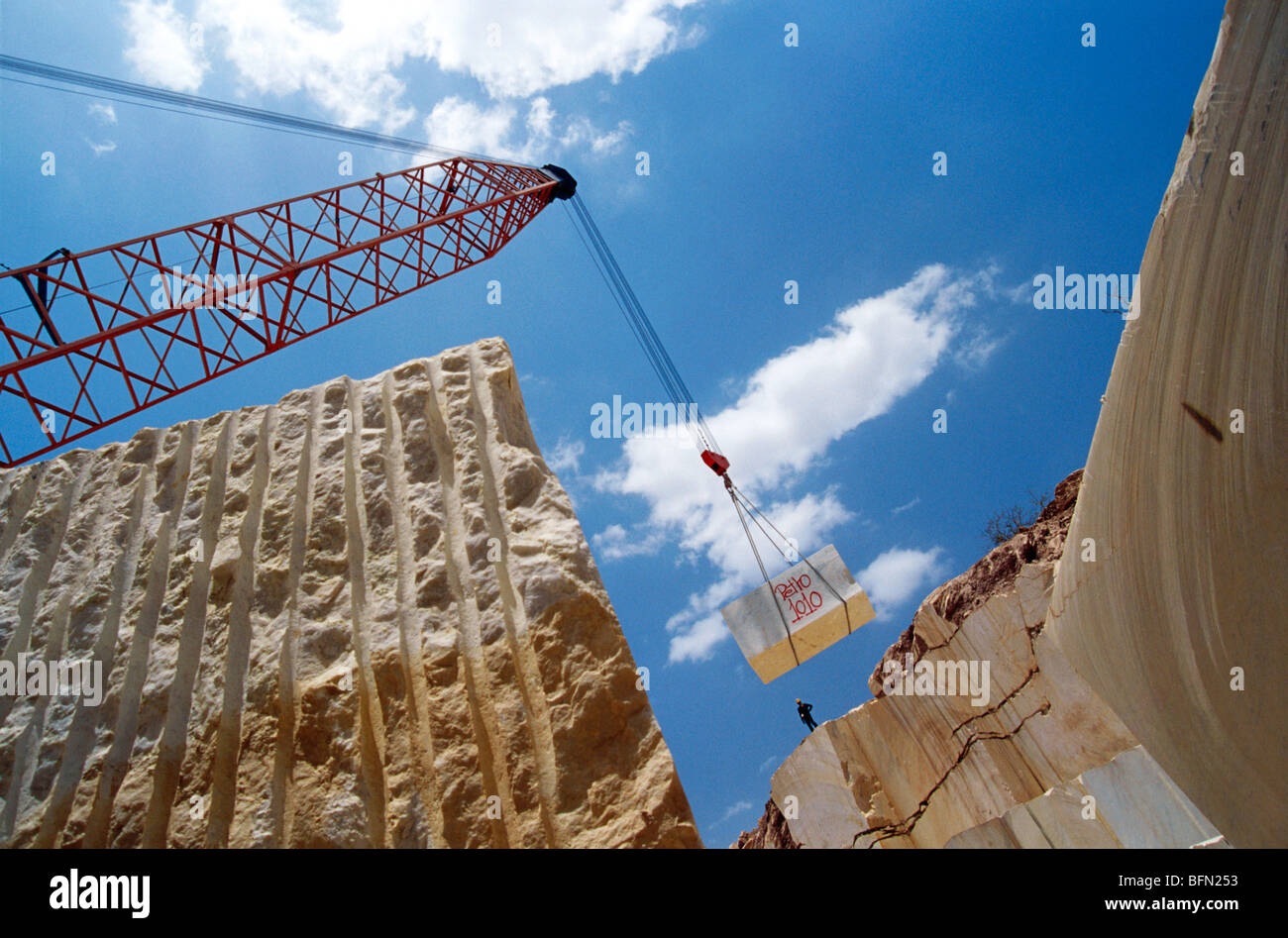 Marble quarrying ; crane lifting stone ; Udaipur ; Rajasthan ; India ...