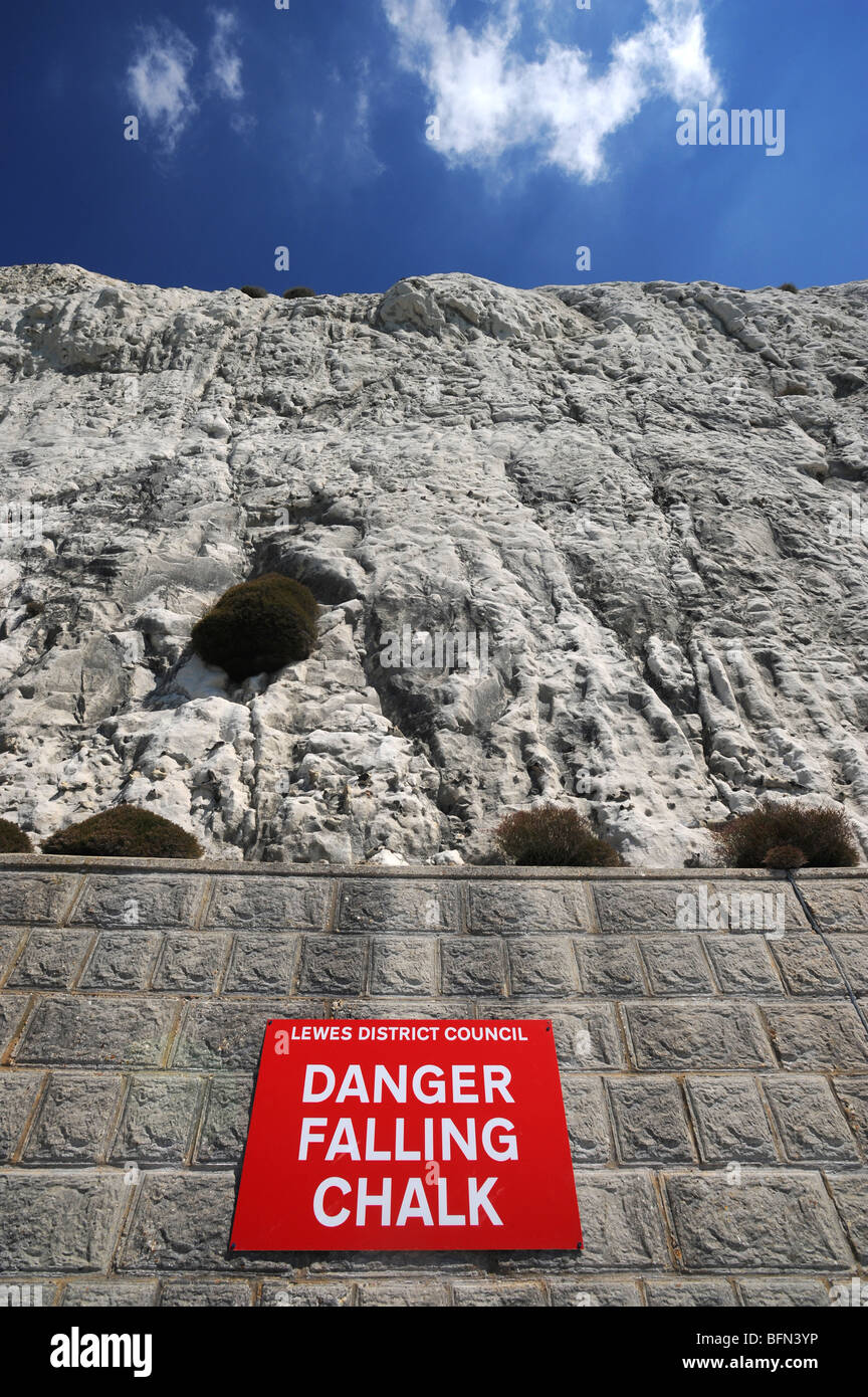 Danger falling chalk sign on the undercliff path at peacehaven Stock ...