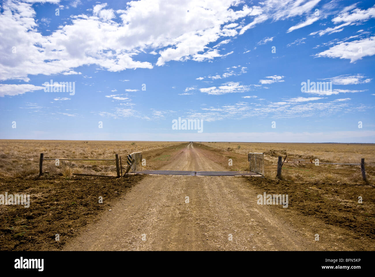A rough dirt track and cattle grid forms a major road in the Outback ...