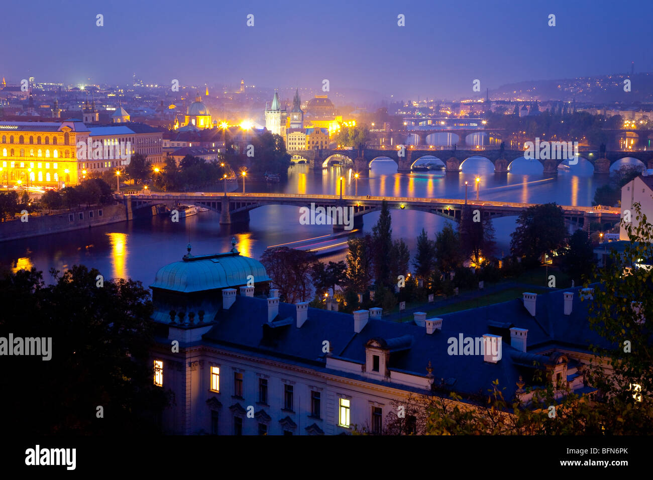 Panoramic view on Charles bridge and other bridges from high point in ...