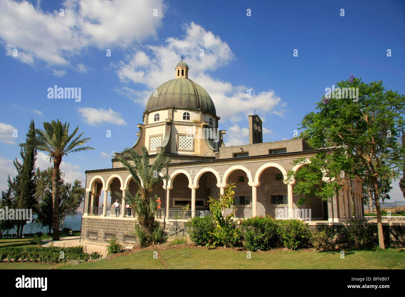 Israel, the Church of Beatitudes on the Mount of Beatitudes overlooking ...