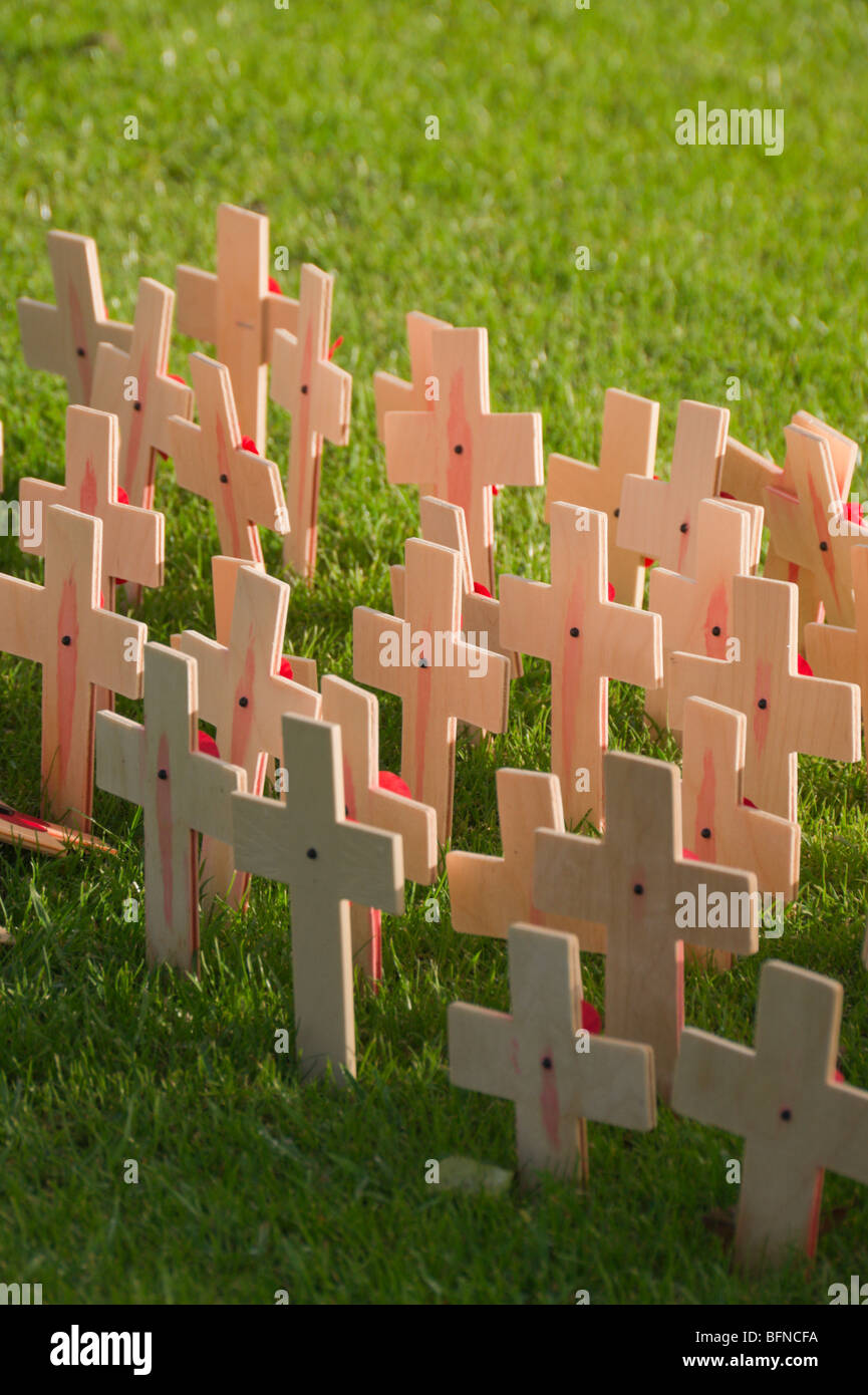 Bleeding crosses - rain soaked wooden poppy crosses in a Scottish ...