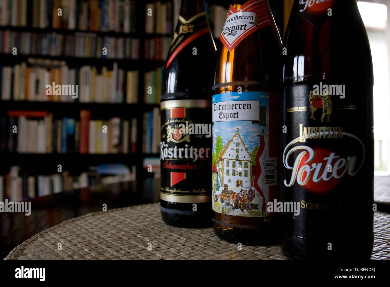 Three bottles of German beers, on display in a private home in Mannheim ...