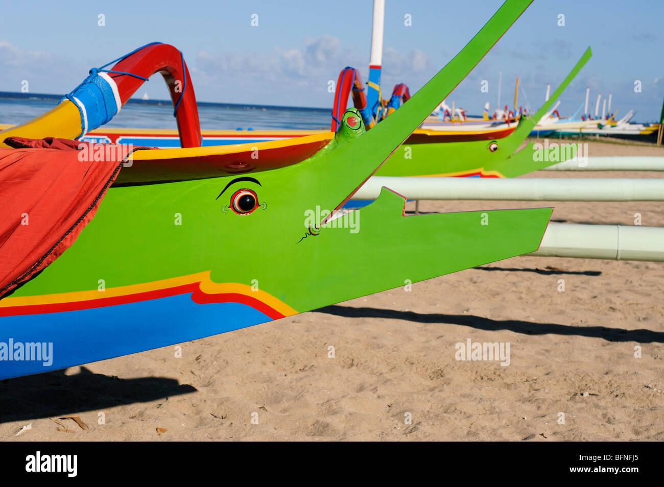 Traditional boat Prahu, fishing boats on the Sanur beach, Bali ...