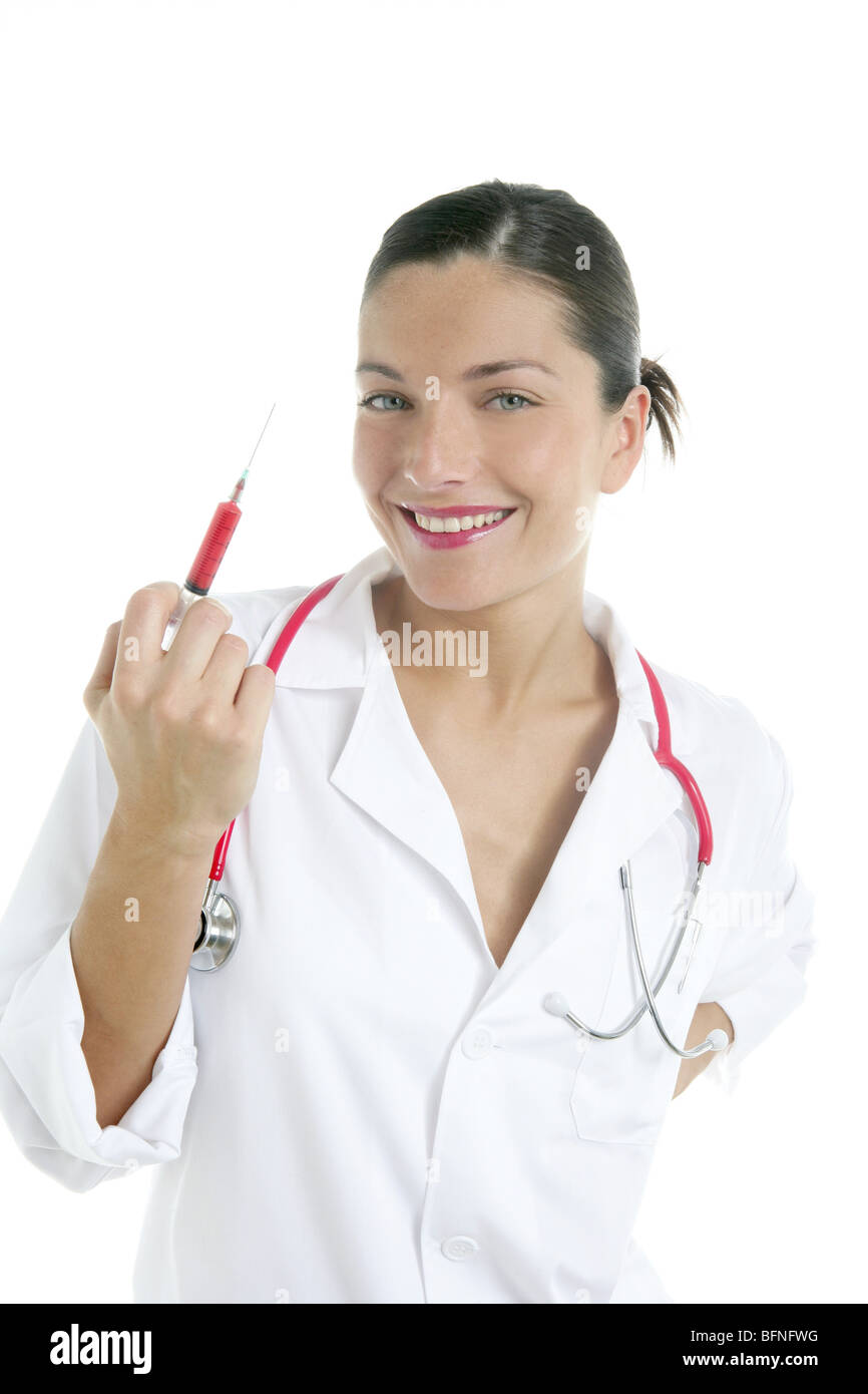 Beautiful woman doctor with red syringe injection in hand Stock Photo ...