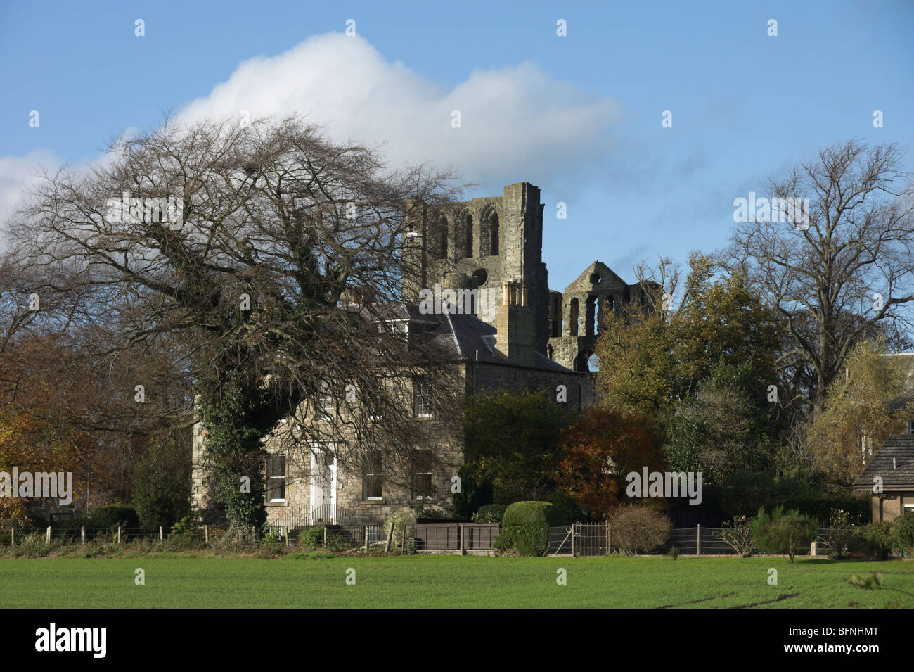 Kelso Abbey with the old Manse in front seen from the Glebe field Stock ...