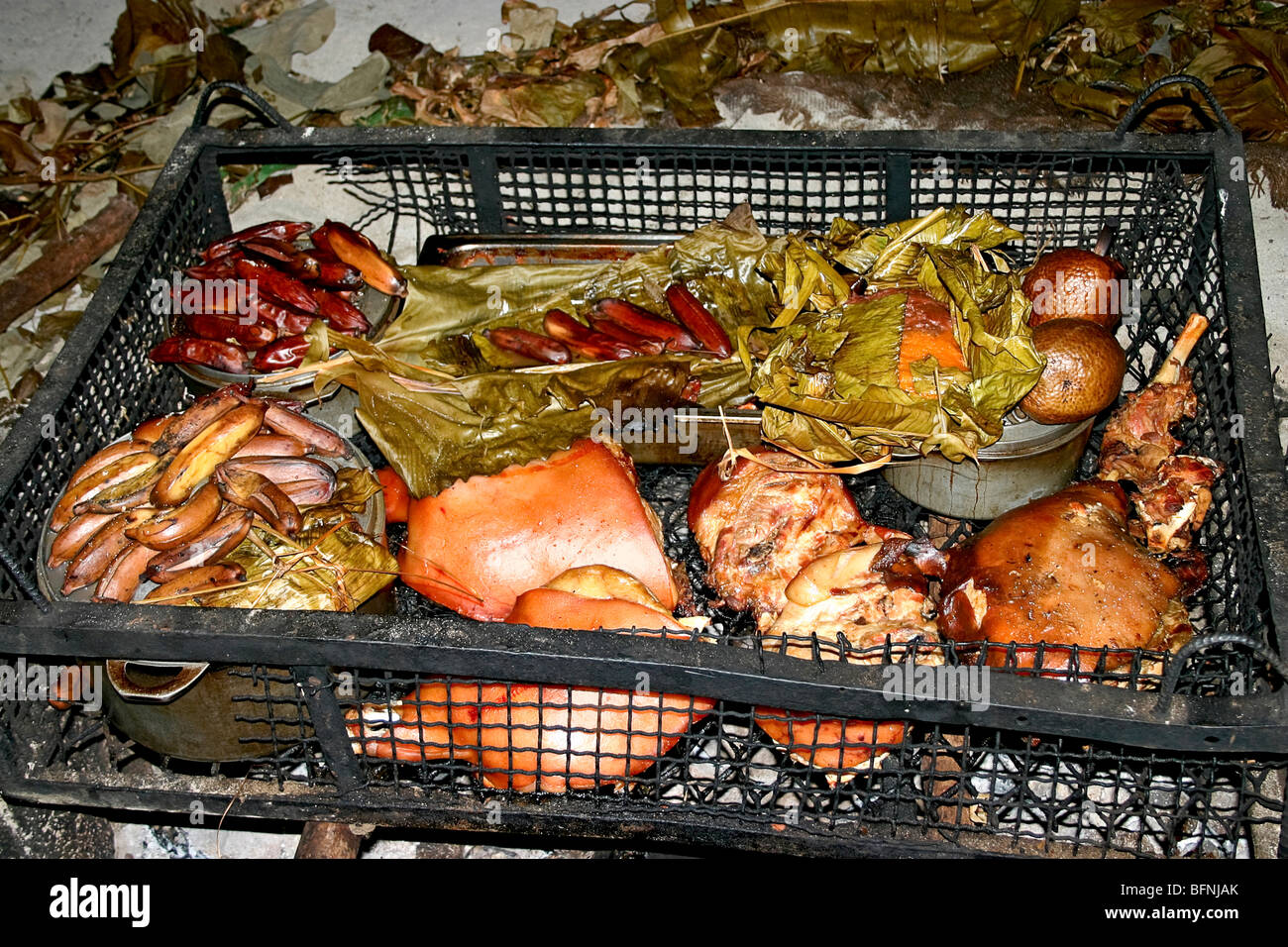 Food baked in pit, traditional Tahitian stye, Tiki Village, Moorea ...