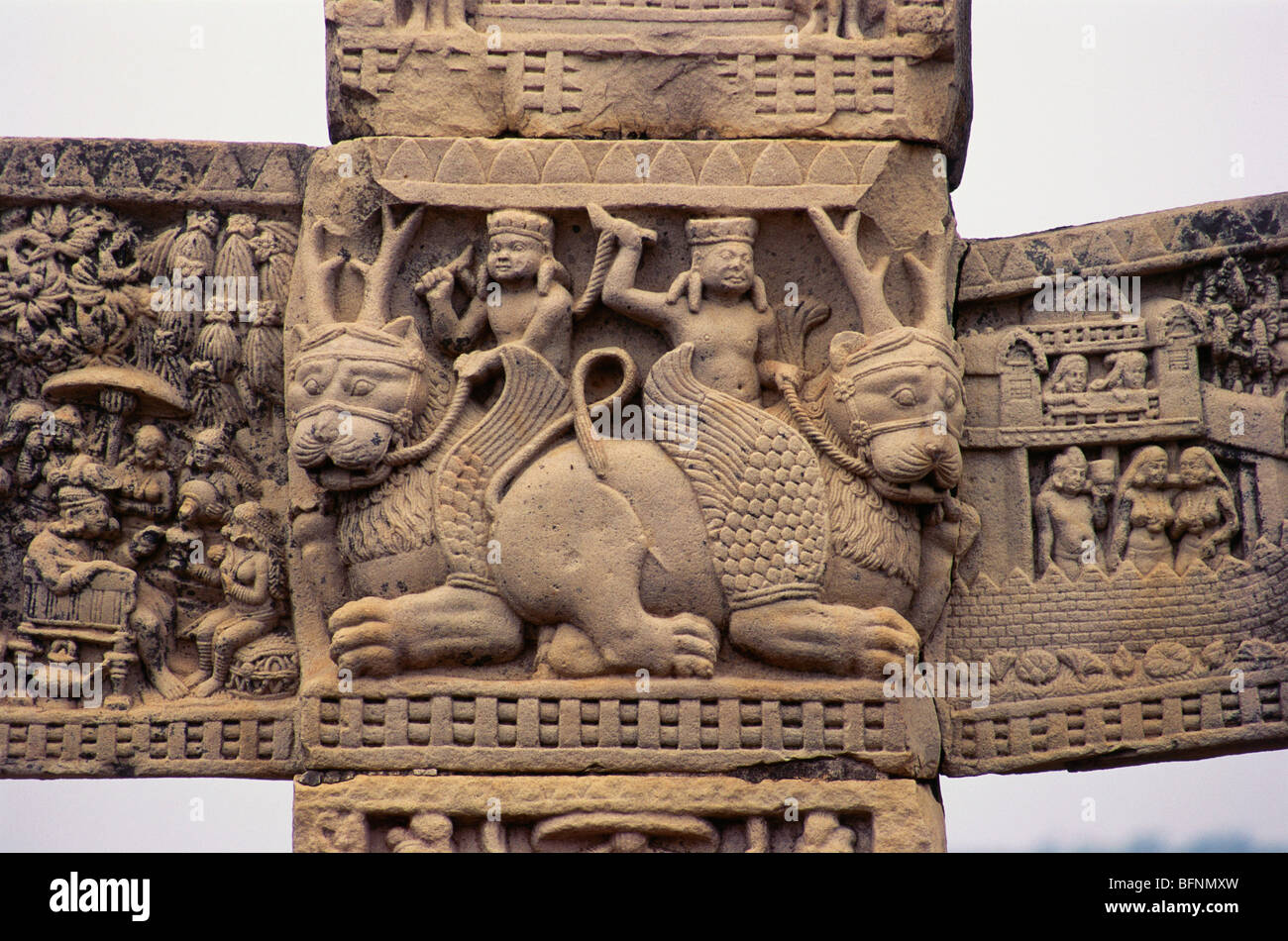 Relief of griffin, griffon, gryphon on Sanchi Stupa gate ; Sanchi ...