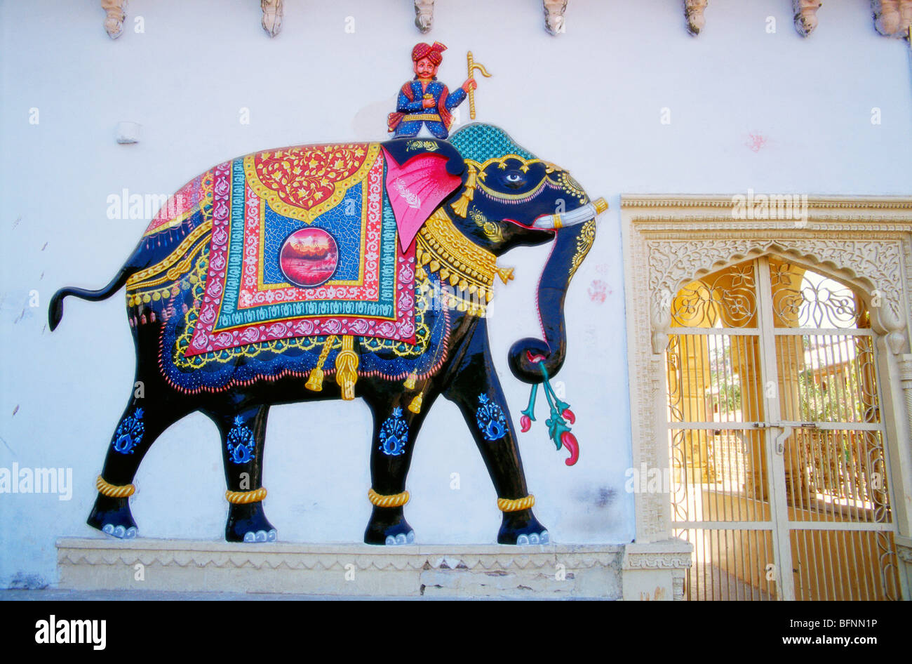 colorful elephant wall painting ; Shri Nakoda Jain temple ; Balotara ...
