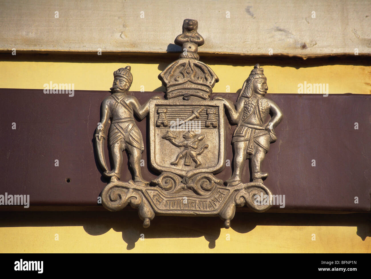 MMN 62647 : Closeup of emblem of Dholpur state on compartment of palace ...