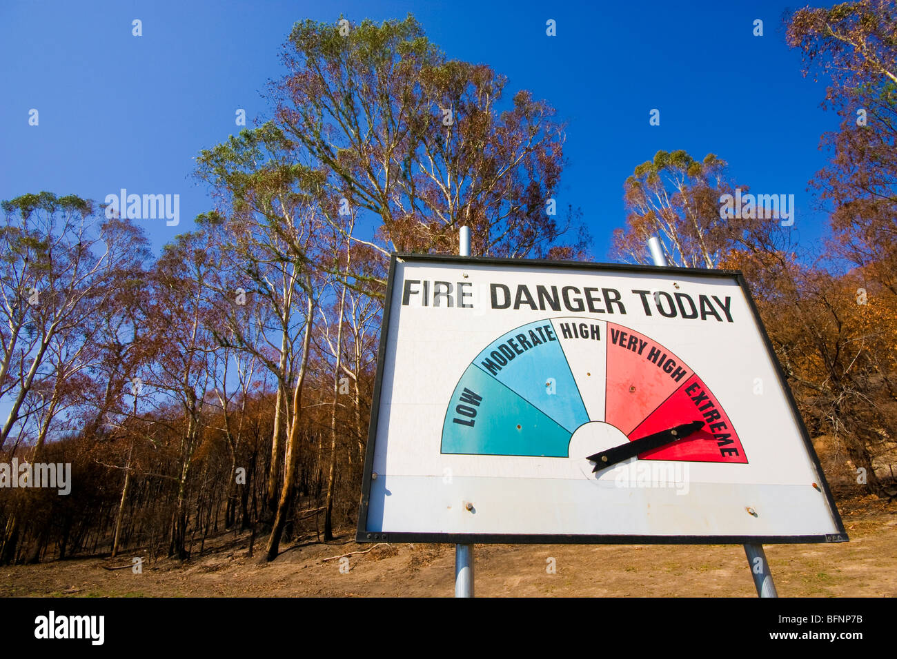 A warning sign in a rural town indicates the current fire threat Stock ...