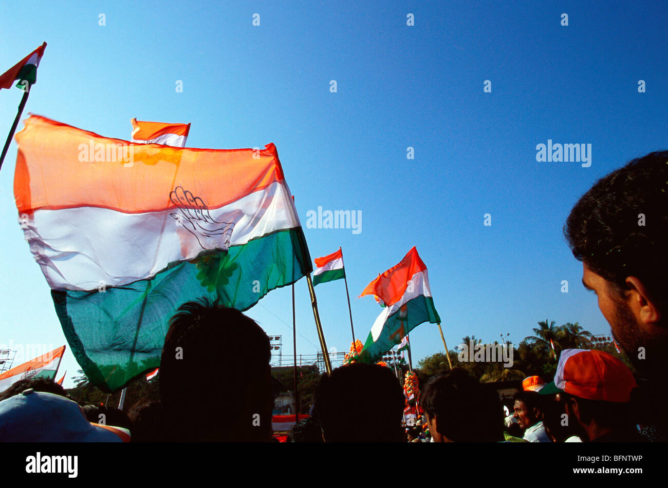 Congress party flags at Election meeting ; Bombay ; Mumbai ...