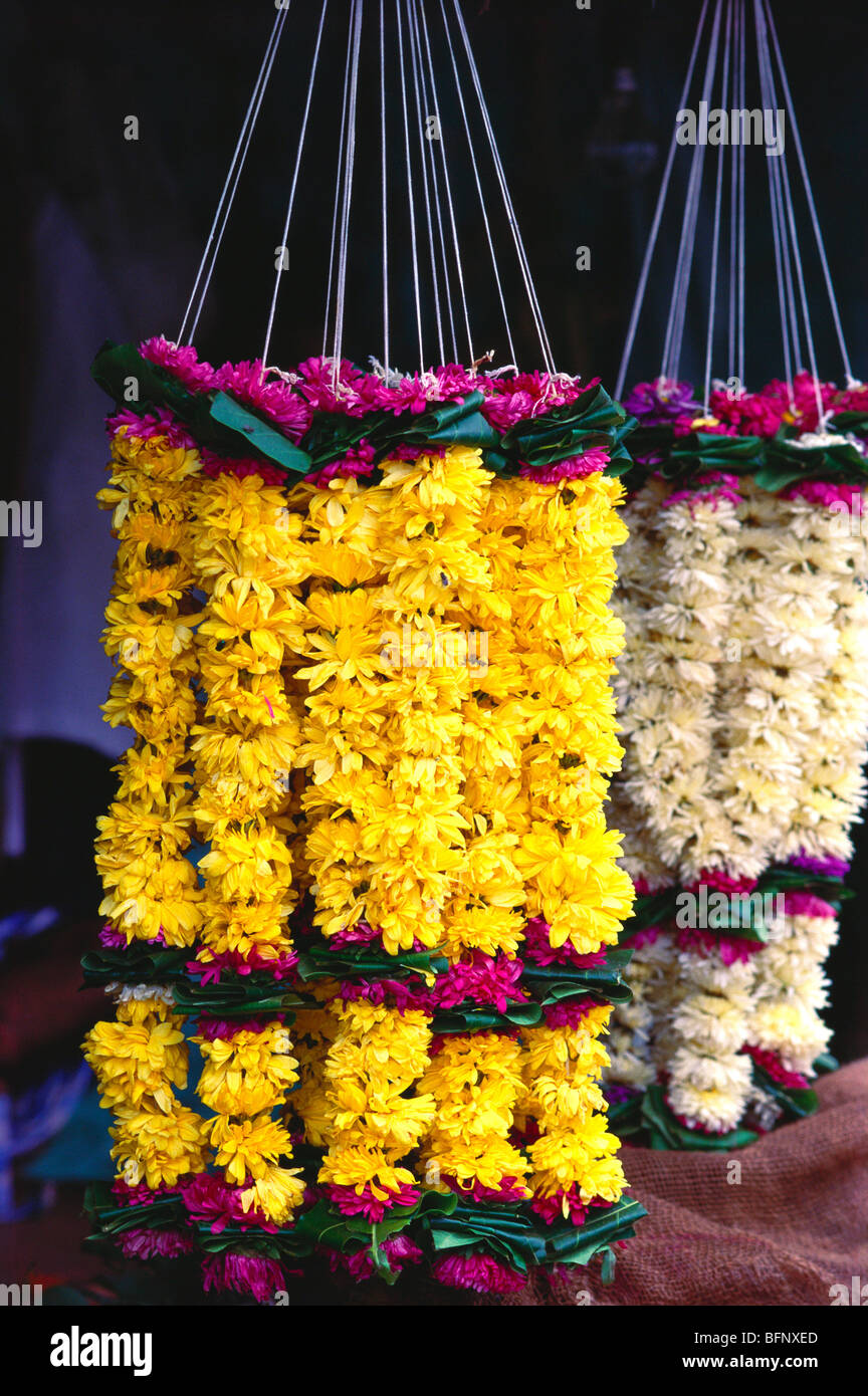 Flower garlands shop ; bombay ; mumbai ; maharashtra ; India ; asia ...